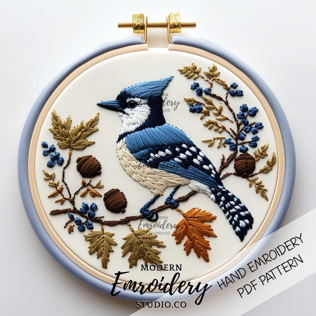 Blue Jay Embroidery Pattern | Autumn Bird on Branch | Hand Embroidery ...