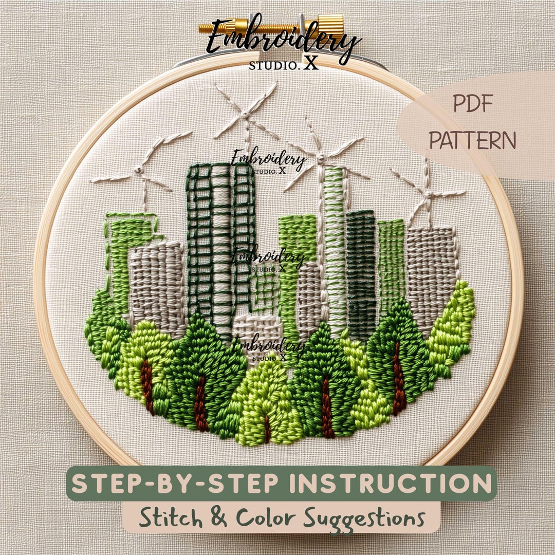 Modern City Embroidery Pattern | Green Buildings & Wind Turbines | Step ...