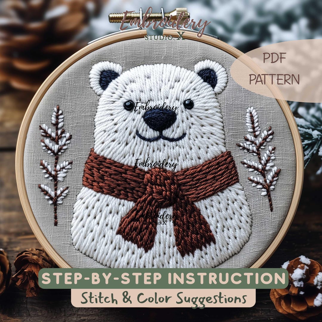 Polar Bear Embroidery | Bear With Scarf Hand Embroidery Pattern | Cute ...