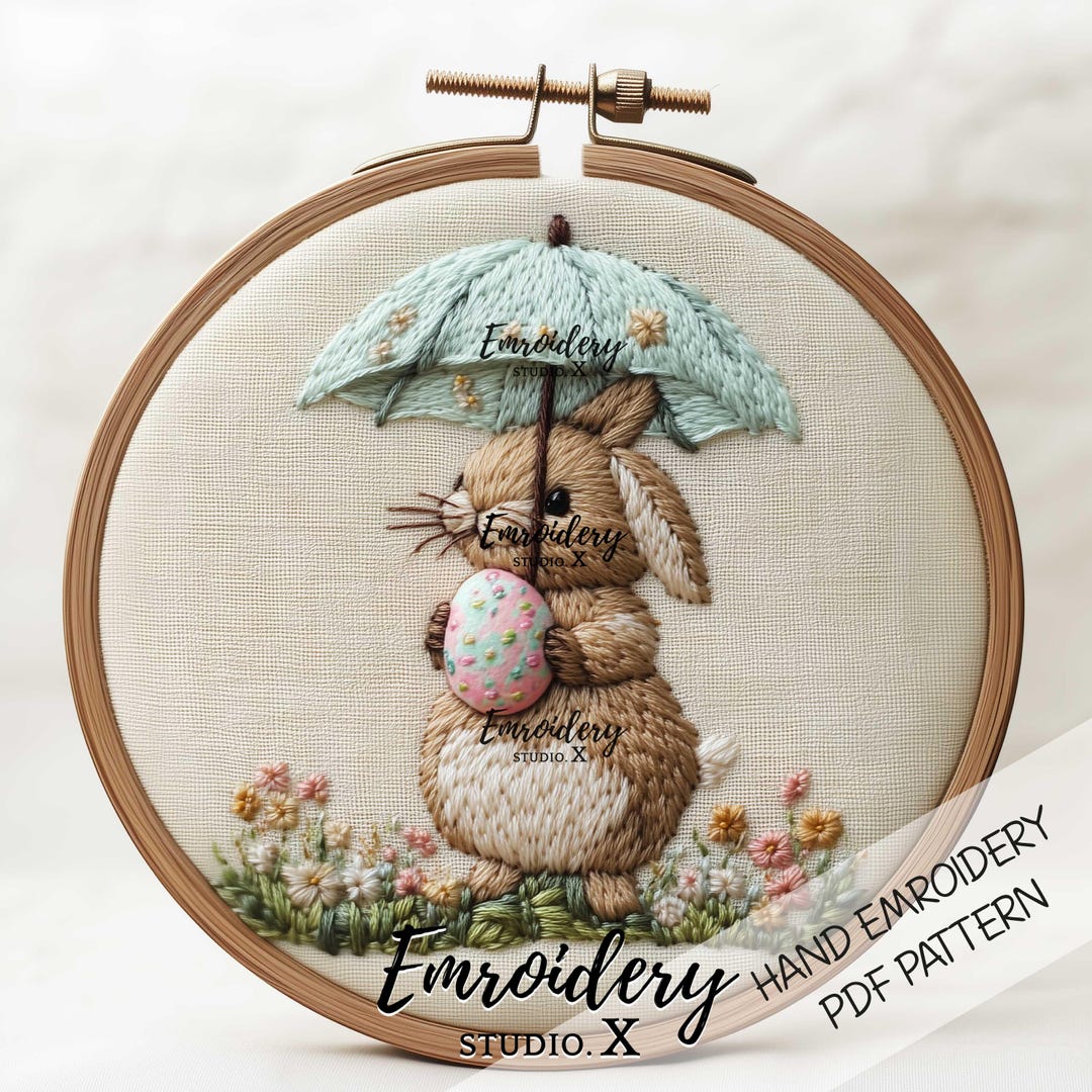 Easter Bunny Embroidery Pattern With Umbrella and Egg | Cute Spring PDF ...