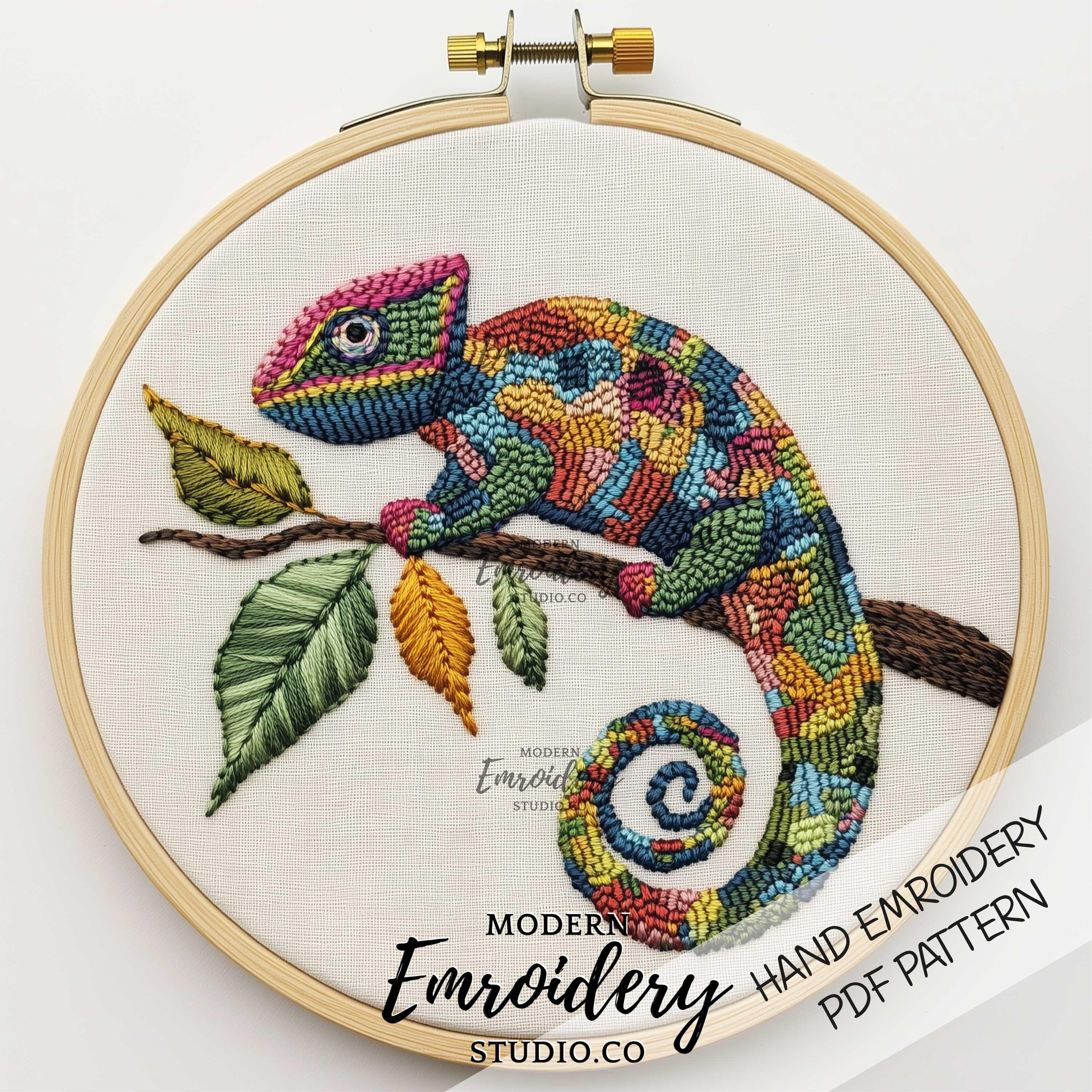 Rainbow Chameleon Embroidery Pattern | Tropical Lizard Hand Embroidery ...