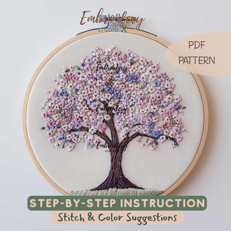 Cherry Blossom Tree Embroidery PDF | Floral Pink Sakura Pattern ...