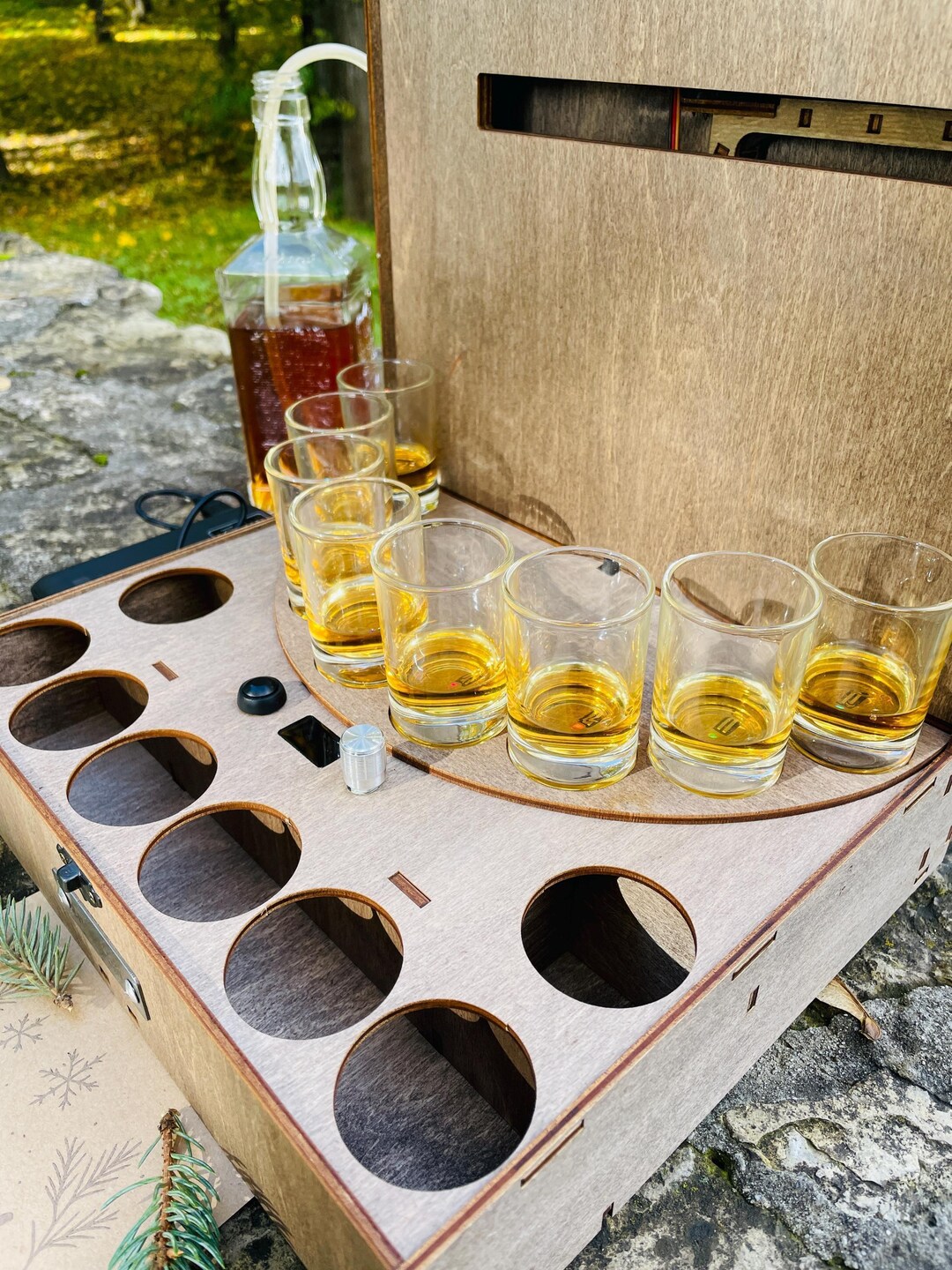 Portable Whiskey Dispenser in Wooden Box: Cordless Bar Tool & Unique ...