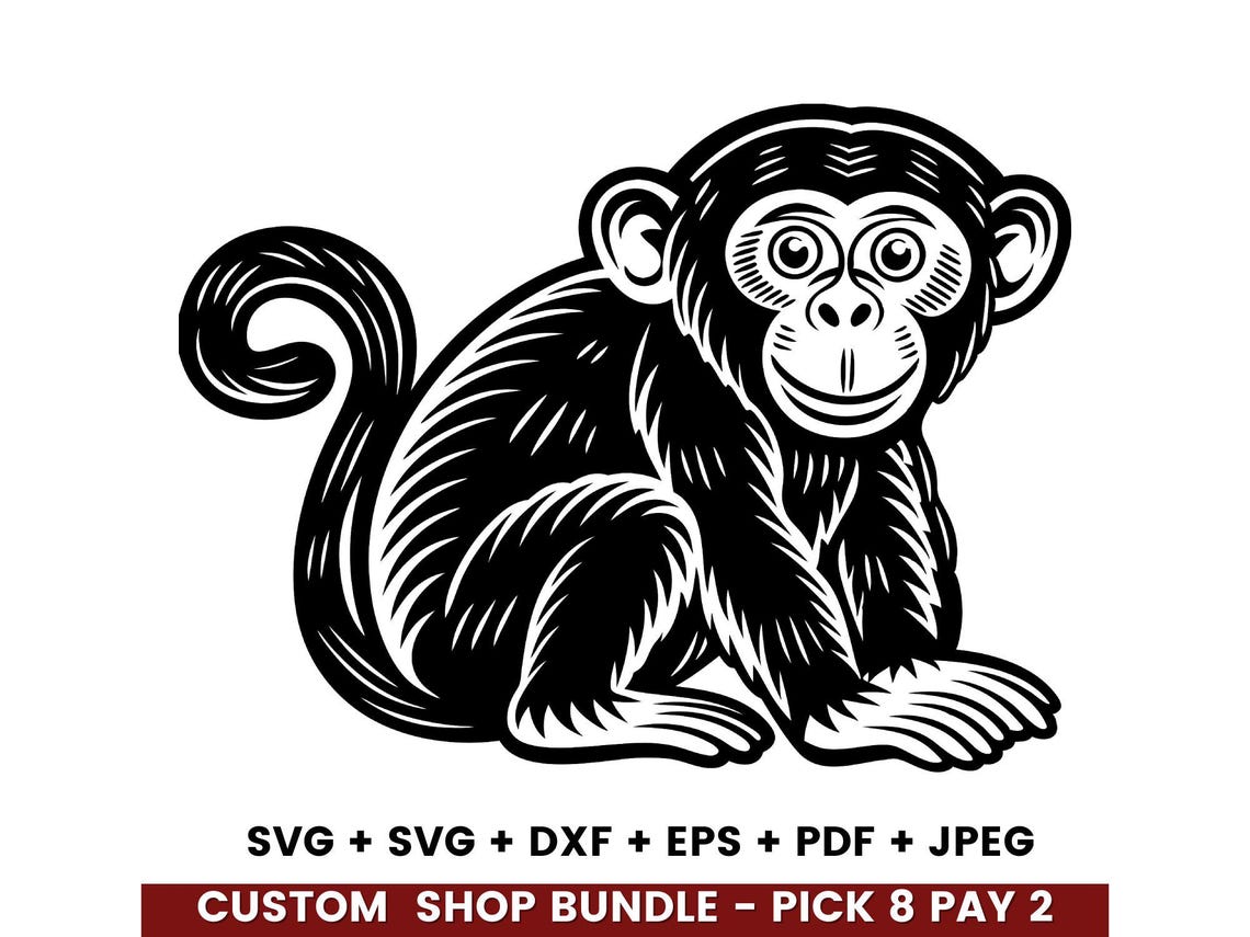 Cute Monkey Svg Png Dxf Eps Vector Graphic Cut File, Animal Silhouette ...