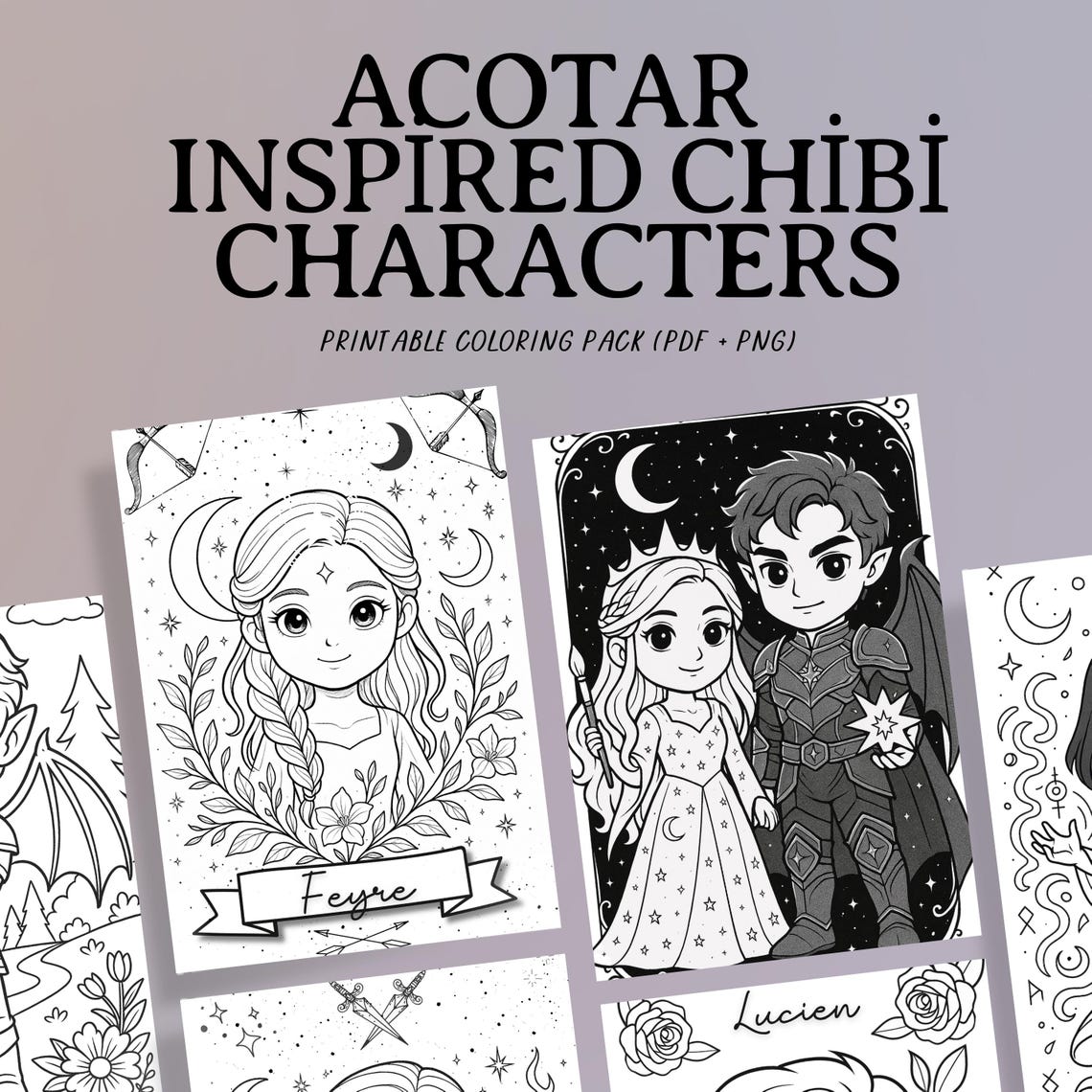 ACOTAR Inspired Chibi Characters | Printable Coloring Pack (PDF + PNG ...