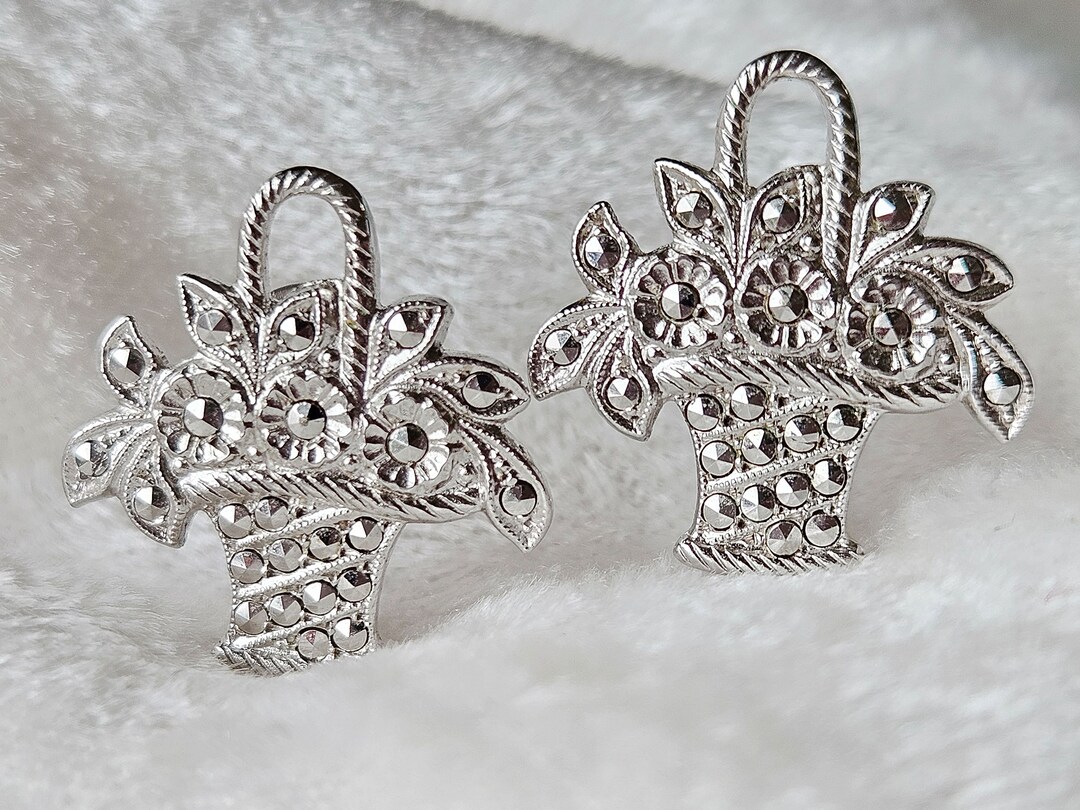 Vintage Sterling Silver & Marcasite Flower Basket Earrings, Art Deco ...
