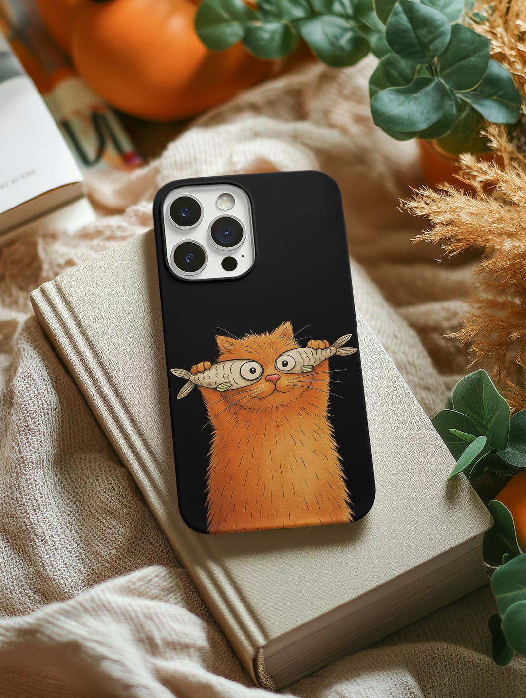 Orange Tabby Cat Phone Case, Fish Bones Glasses, Funny Pet Lover Gift ...