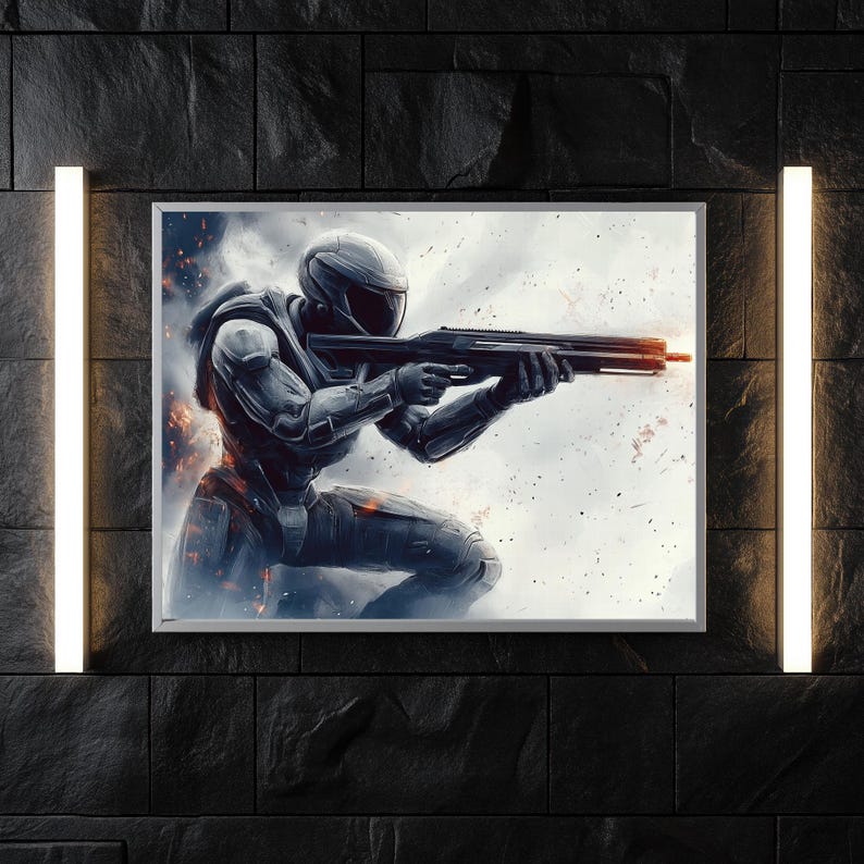 Kneeling White Guardian With Assault Rifle Framed Futuristic Wall Art ...