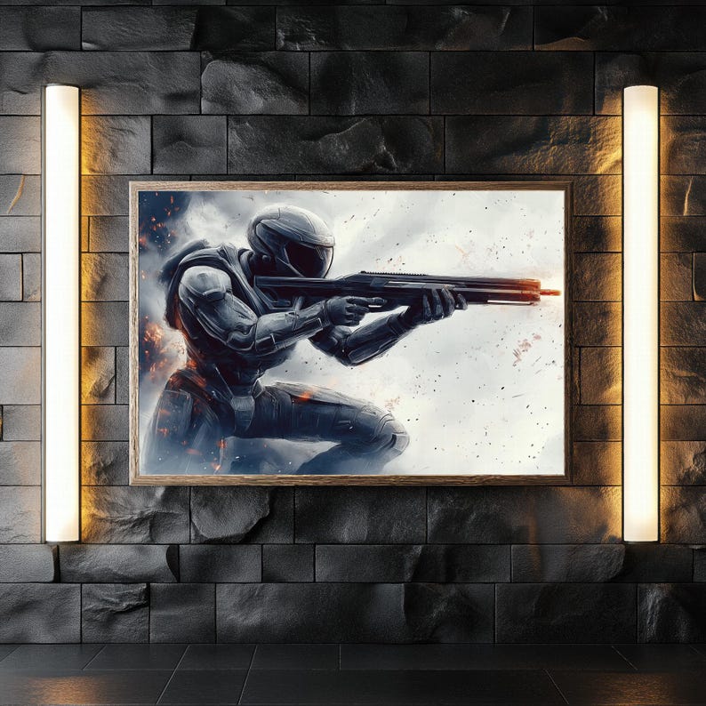 Kneeling White Guardian With Assault Rifle Framed Futuristic Wall Art ...