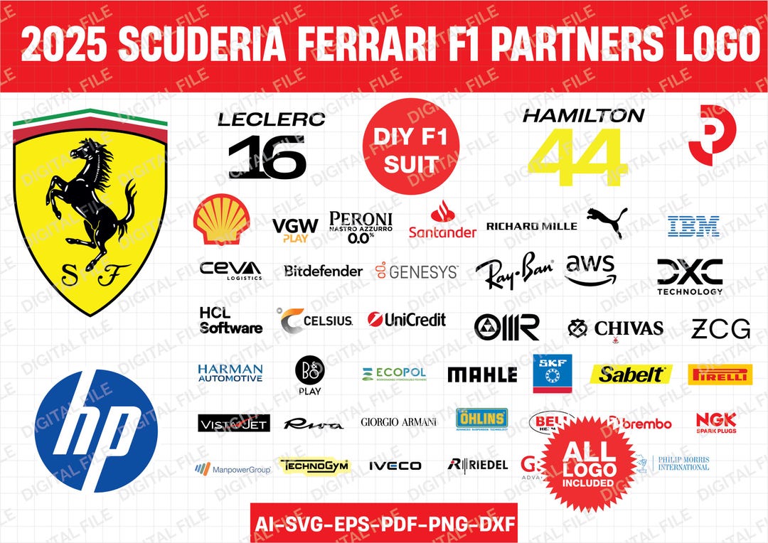 2025 Scuderia Ferrari F1, patrocinador asociado de Fórmula 1. Todos los logotipos vectoriales ...