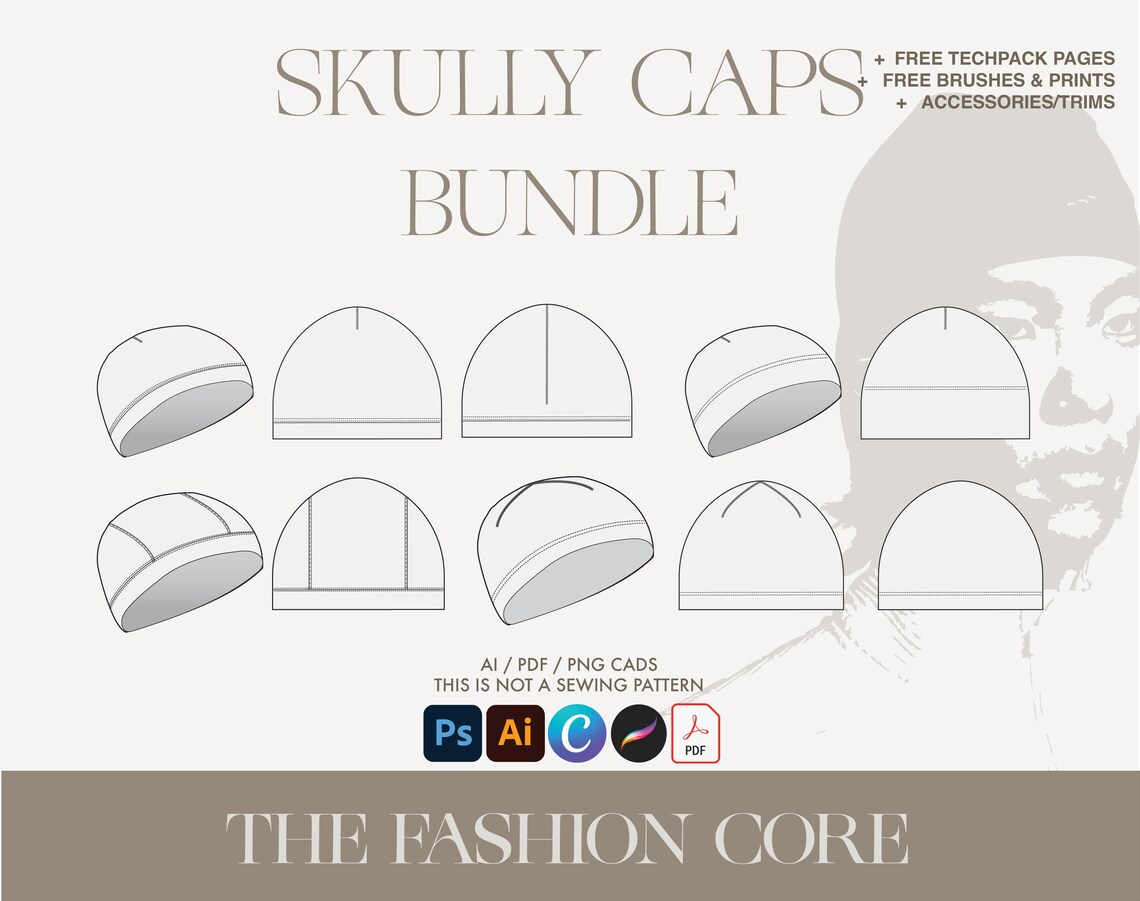 Skully Caps BUNDLE Cads: Editable Fashion Streetwear Design Flat (AI ...