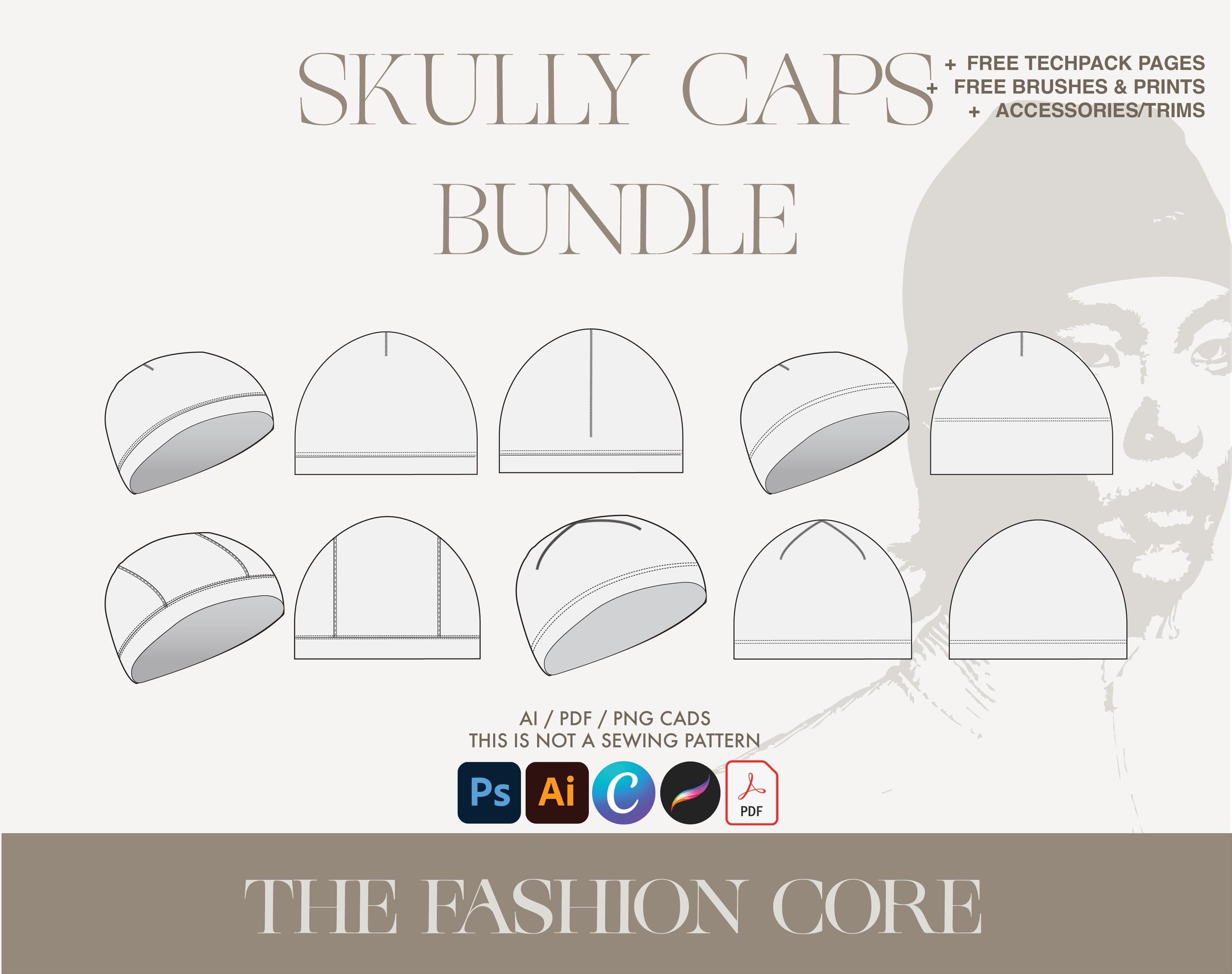 Skully Caps BUNDLE Cads: Editable Fashion Streetwear Design Flat (AI ...