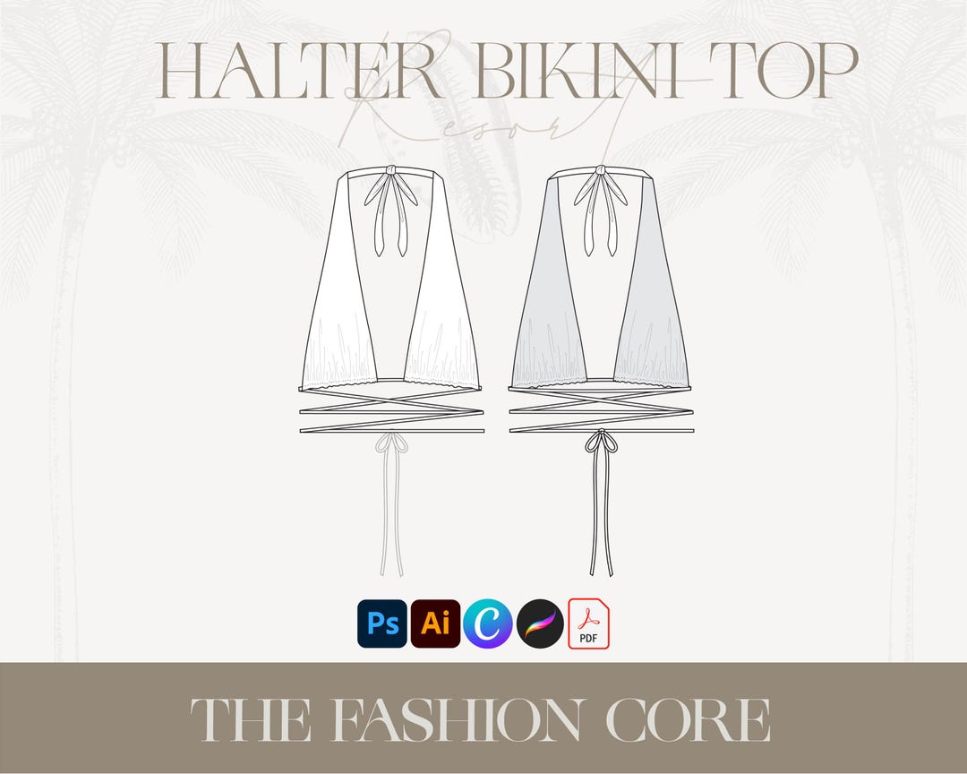 Swim Halter Bikini Top Mockup | Fashion Design Editable Technical Flat ...