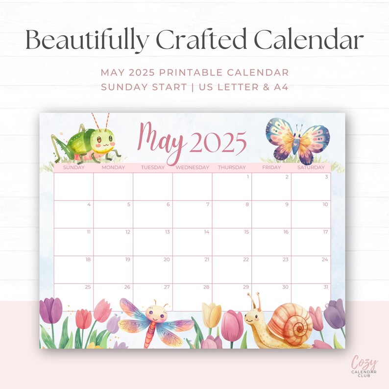 PRINTABLE Monthly Calendar, May 2025 PDF Download, Spring Cute Bugs ...