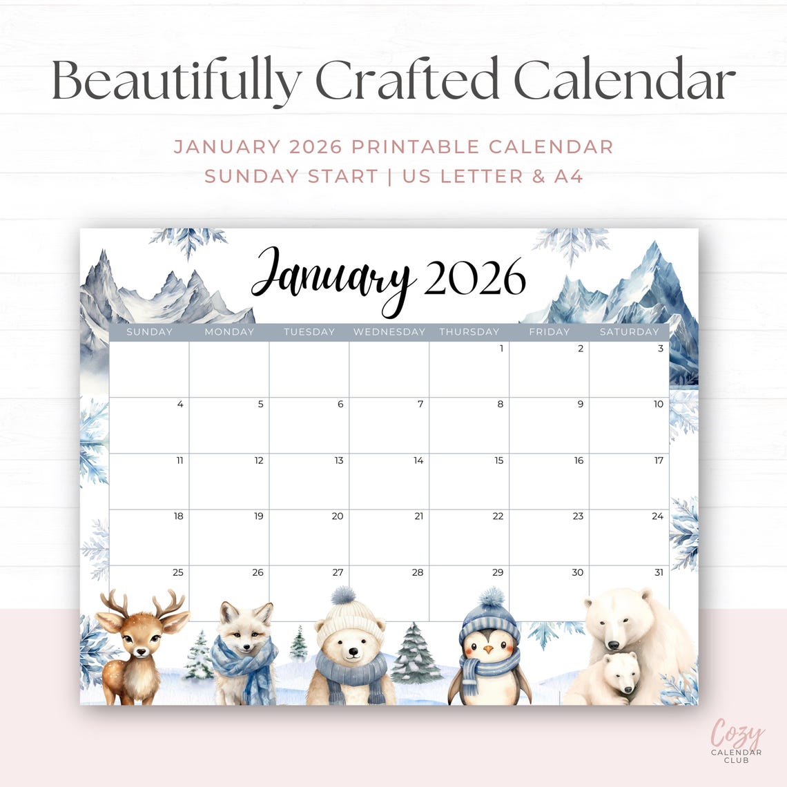 PRINTABLE Monthly Calendar, January 2026 PDF Download, Watercolor Polar ...