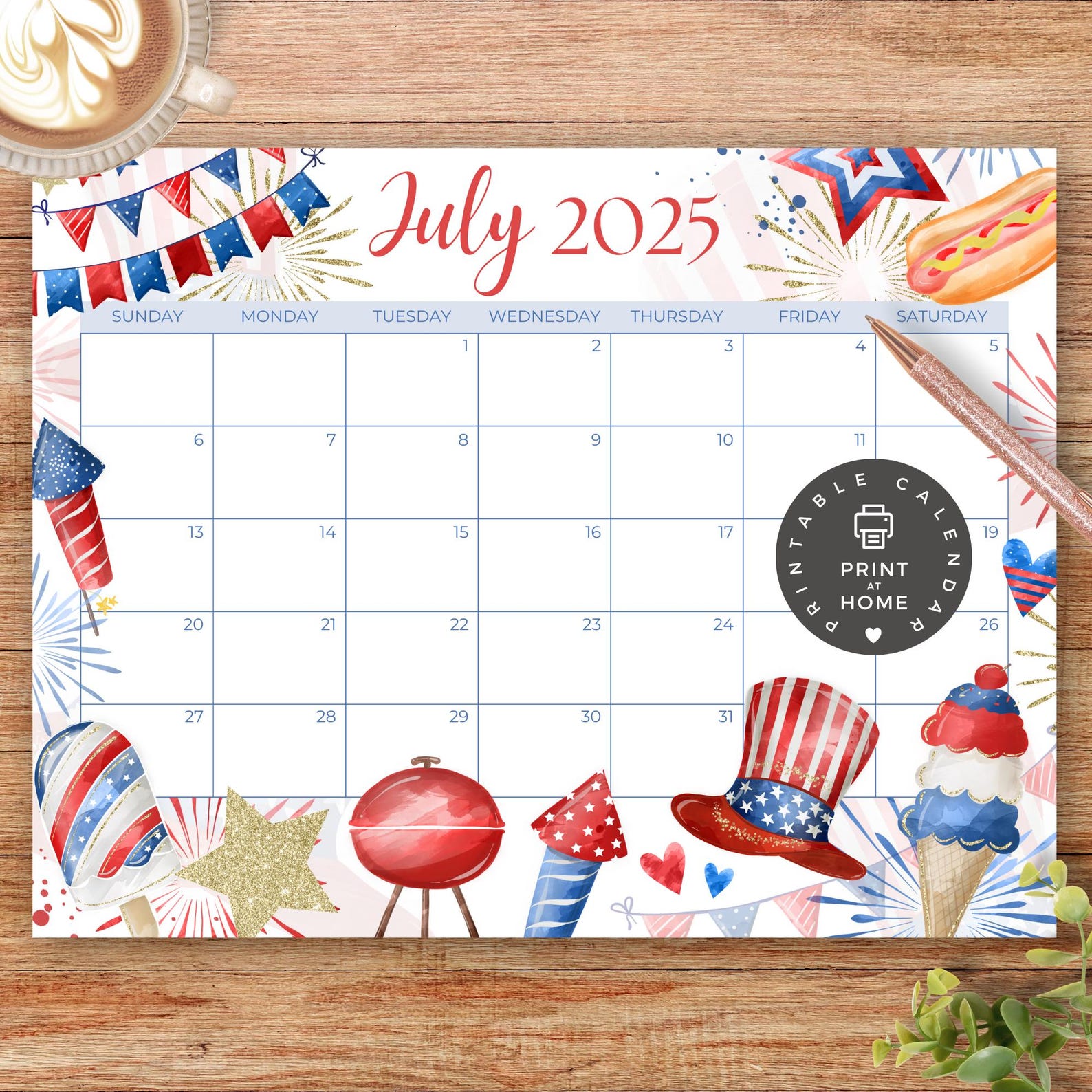 PRINTABLE Monthly Calendar, July 2025 PDF Download, 4th of July, Fourth ...