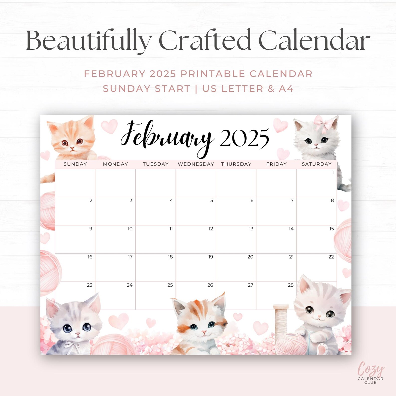 PRINTABLE Monthly Calendar, February 2025 PDF Download, Cute Kittens ...