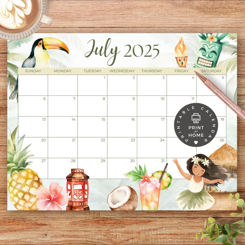PRINTABLE Monthly Calendar, July 2025 PDF Download, Tiki Jungle ...