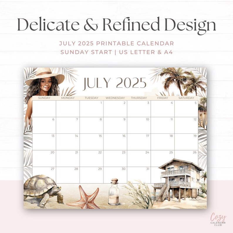 Printable Monthly Calendar - July 2025 PDF Download - Cozy Feminine ...