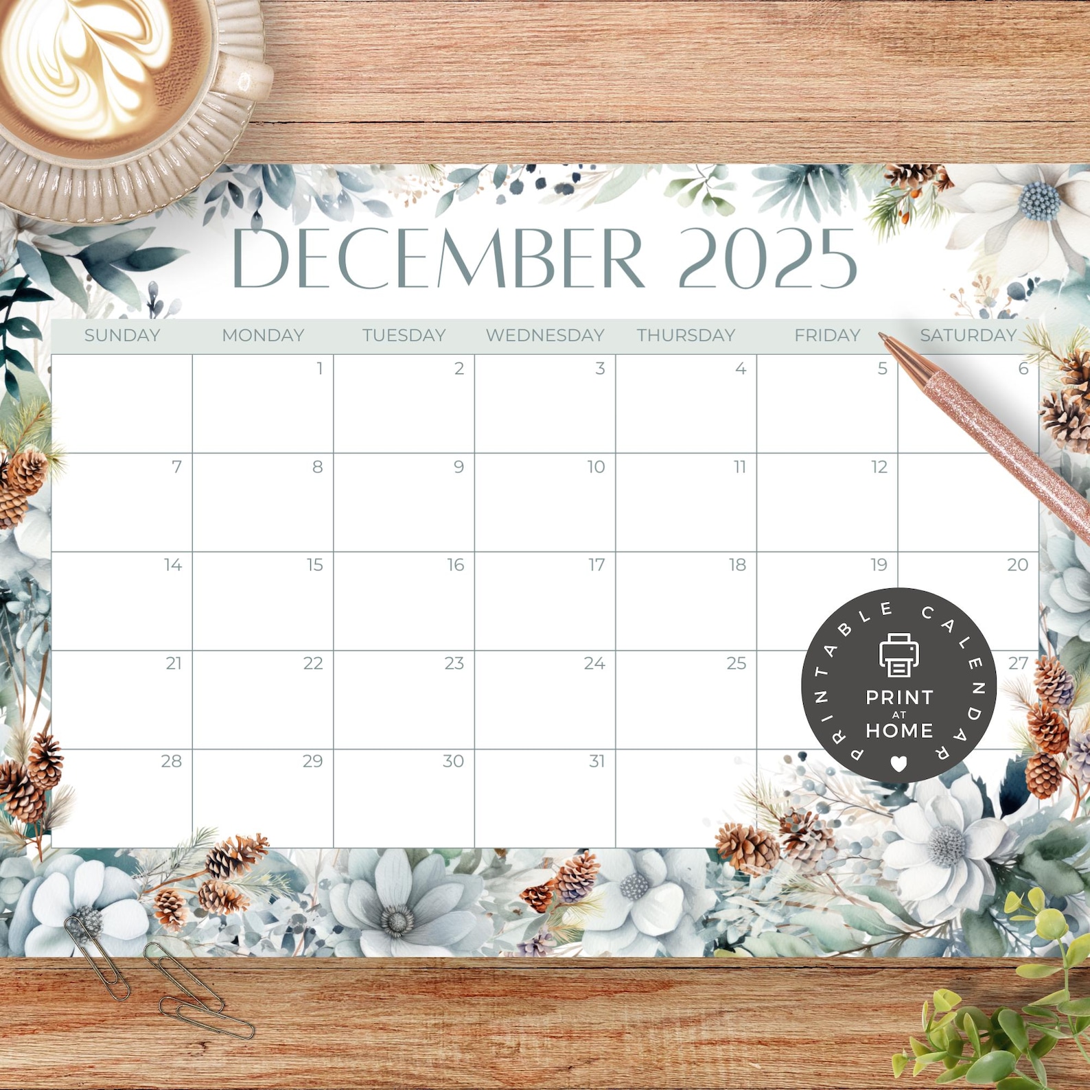 Printable Monthly Calendar - December 2025 PDF Download - Watercolor ...