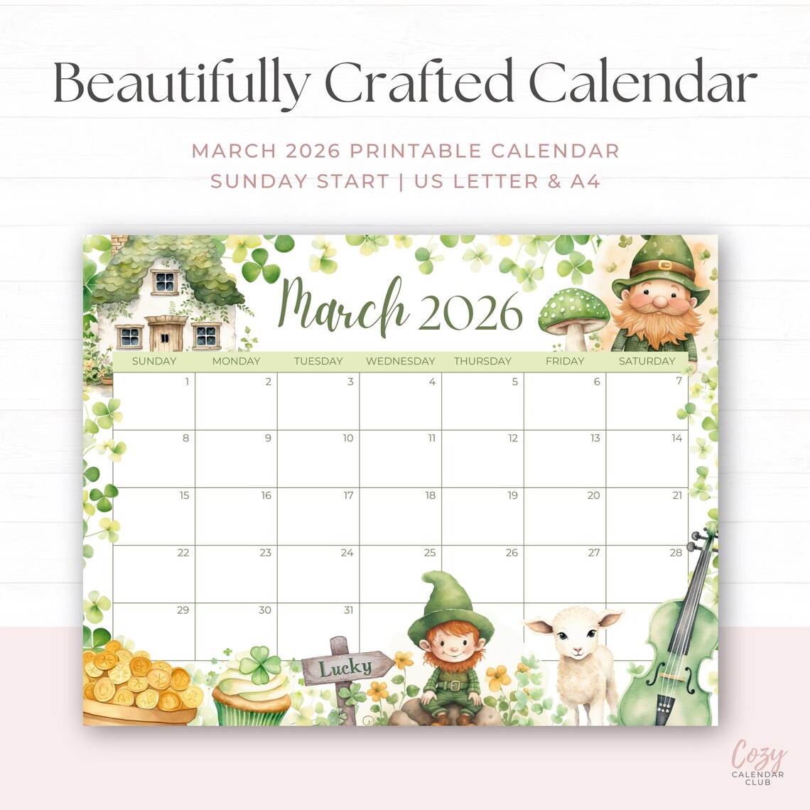 PRINTABLE Monthly Calendar, March 2026 PDF Instant Download, St ...