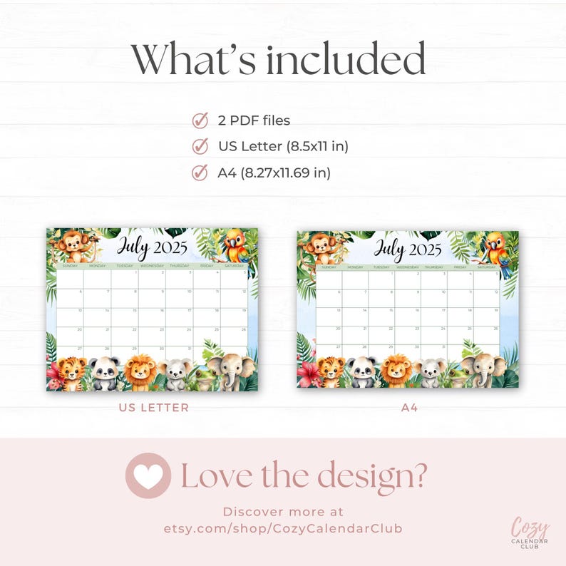 PRINTABLE Monthly Calendar, July 2025 PDF Download, Safari Animal ...