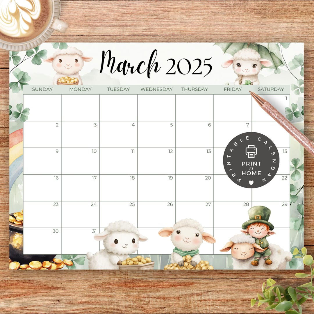 PRINTABLE Monthly Calendar, March 2025 PDF Download, St-patricks Sheeps ...
