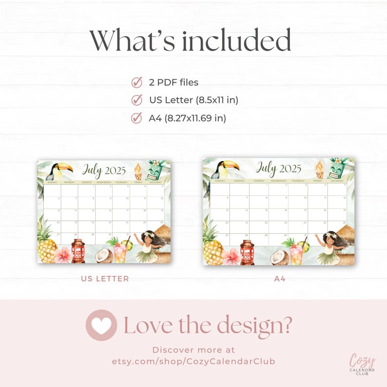 PRINTABLE Monthly Calendar, July 2025 PDF Download, Tiki Jungle ...