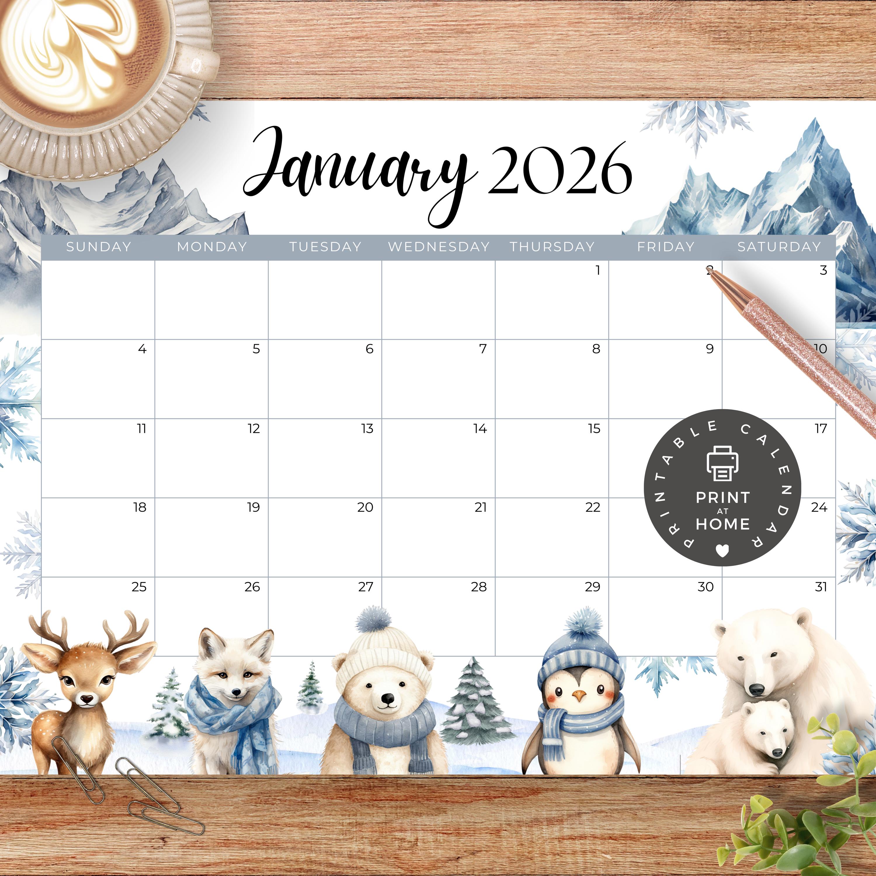 PRINTABLE Monthly Calendar, January 2026 PDF Download, Watercolor Polar ...