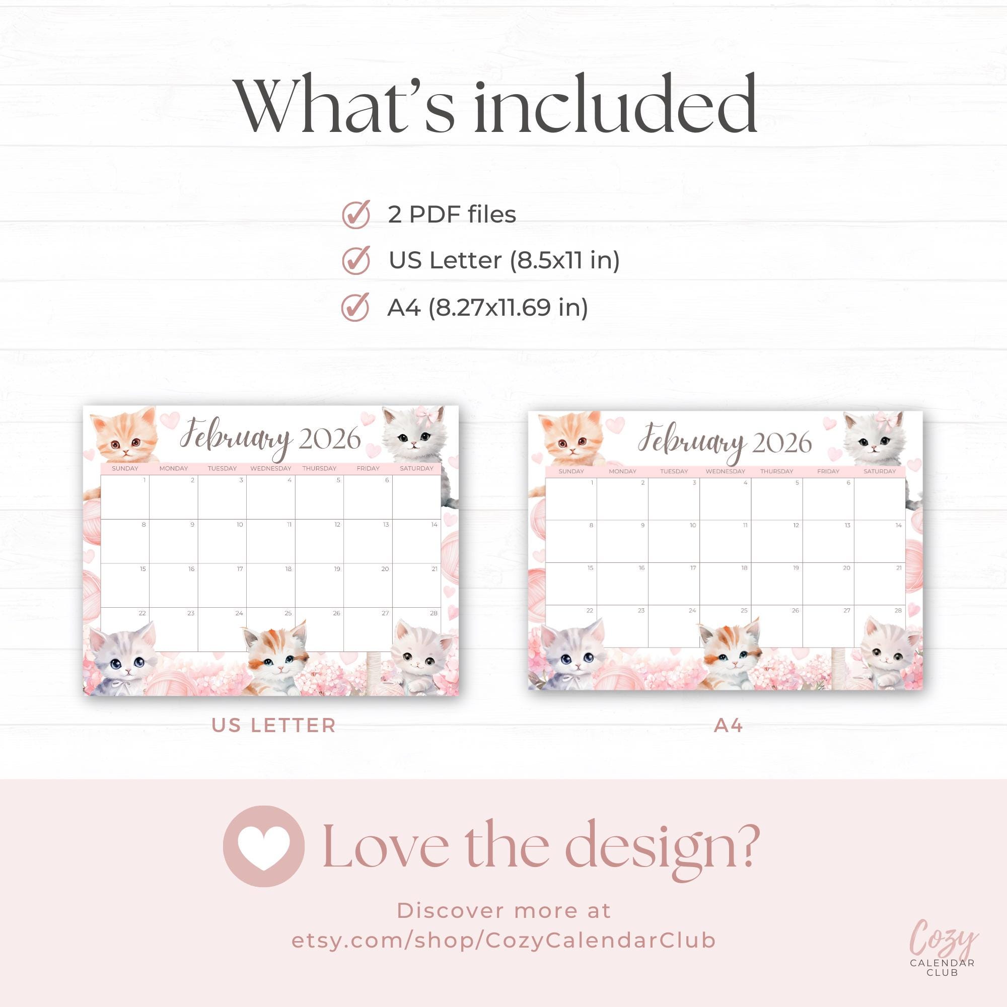 PRINTABLE Monthly Calendar, February 2026 PDF, Kittens, Cat, Valentine ...