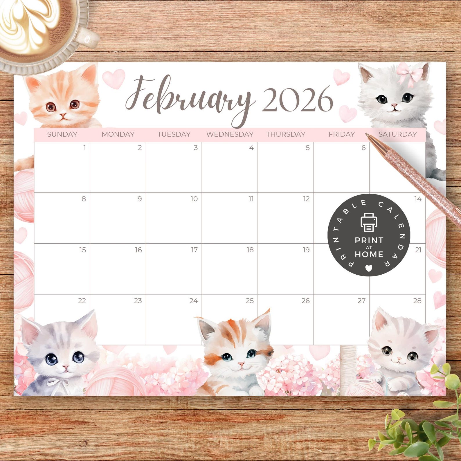 PRINTABLE Monthly Calendar, February 2026 PDF, Kittens, Cat, Valentine ...