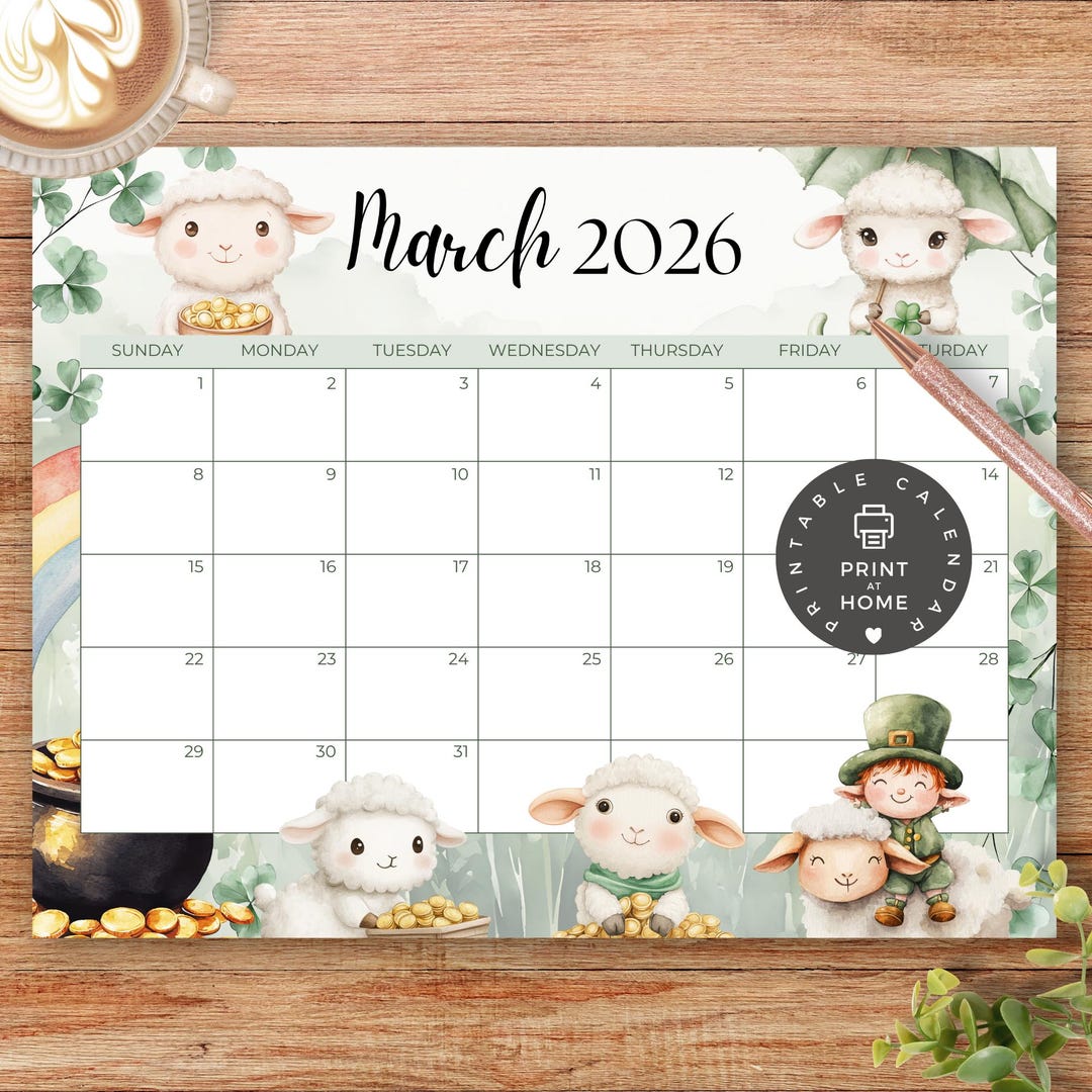 PRINTABLE Monthly Calendar, March 2026 PDF Download, St-patricks Sheeps ...