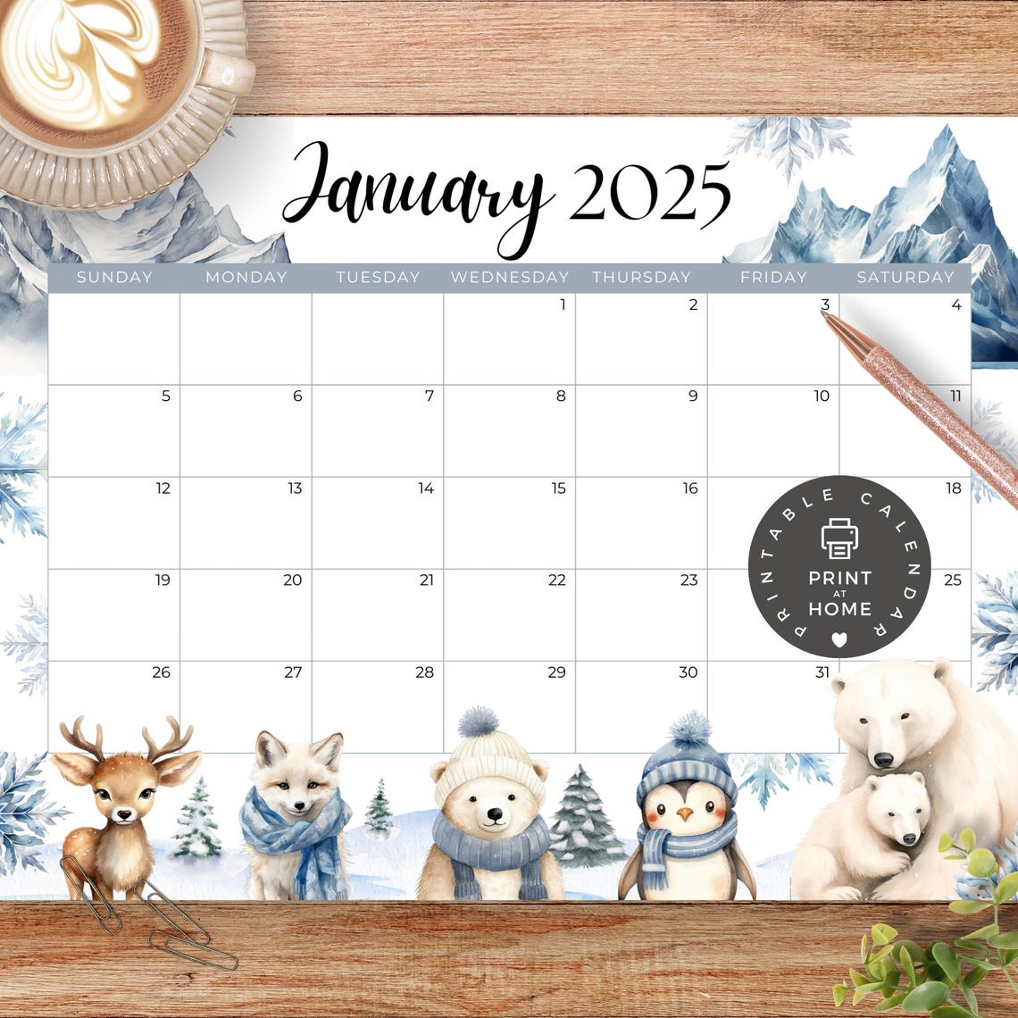 PRINTABLE Monthly Calendar, January 2025 PDF Download, Watercolor Polar ...