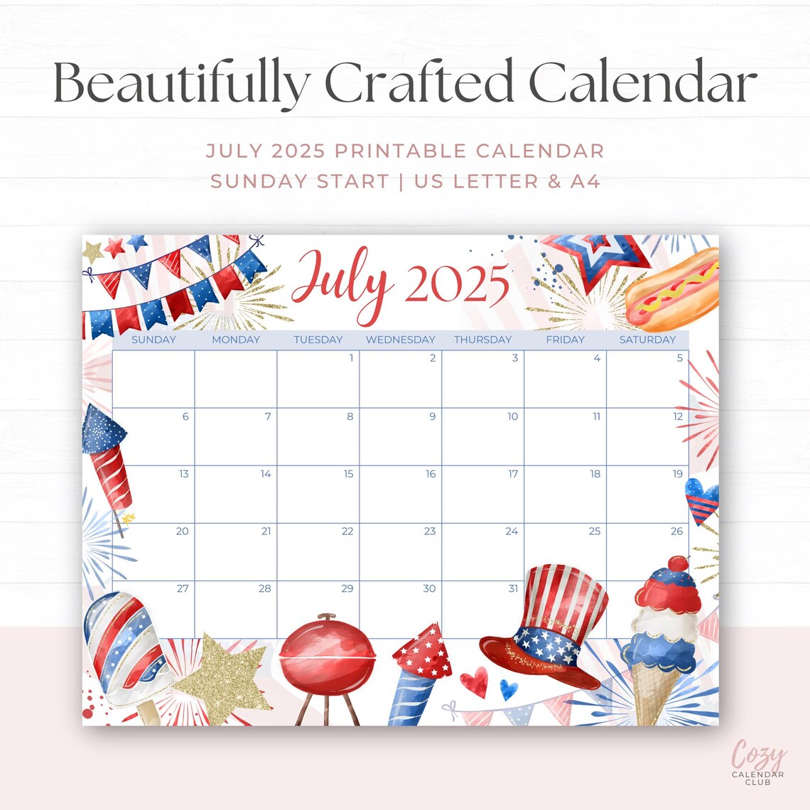 PRINTABLE Monthly Calendar, July 2025 PDF Download, 4th of July, Fourth ...