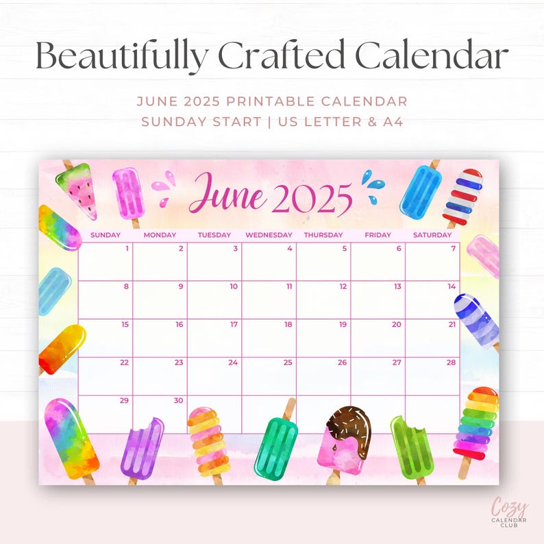 PRINTABLE Monthly Calendar, June 2025 PDF Download, Summer, Vacations ...