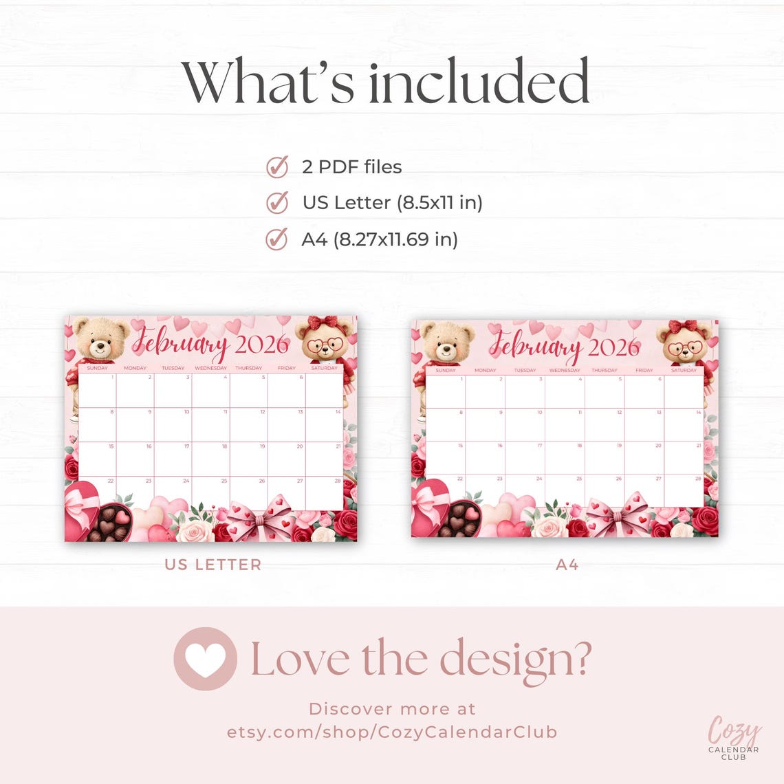 PRINTABLE Monthly Calendar, February 2026 PDF, Teddy Bears, Valentine ...