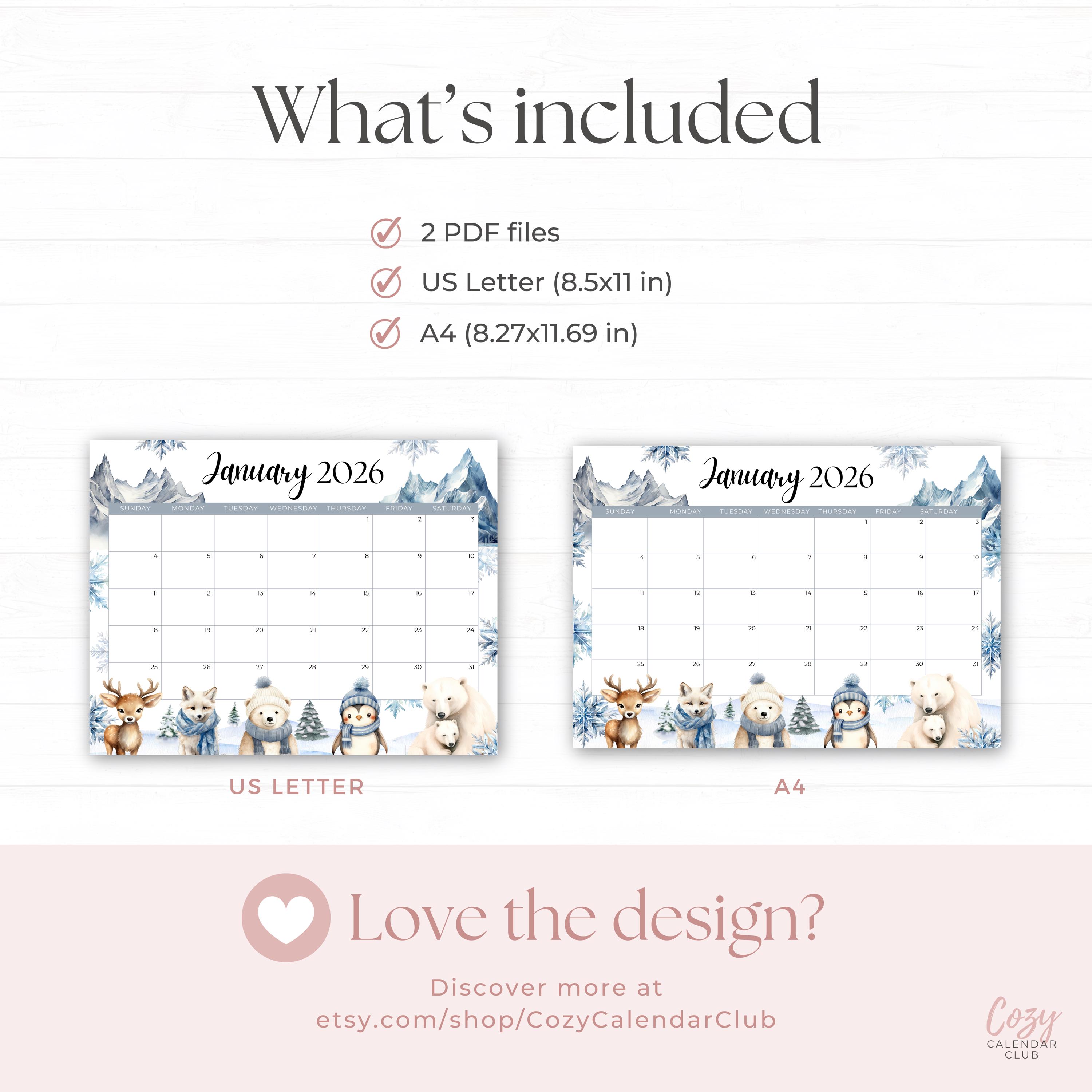 PRINTABLE Monthly Calendar, January 2026 PDF Download, Watercolor Polar ...