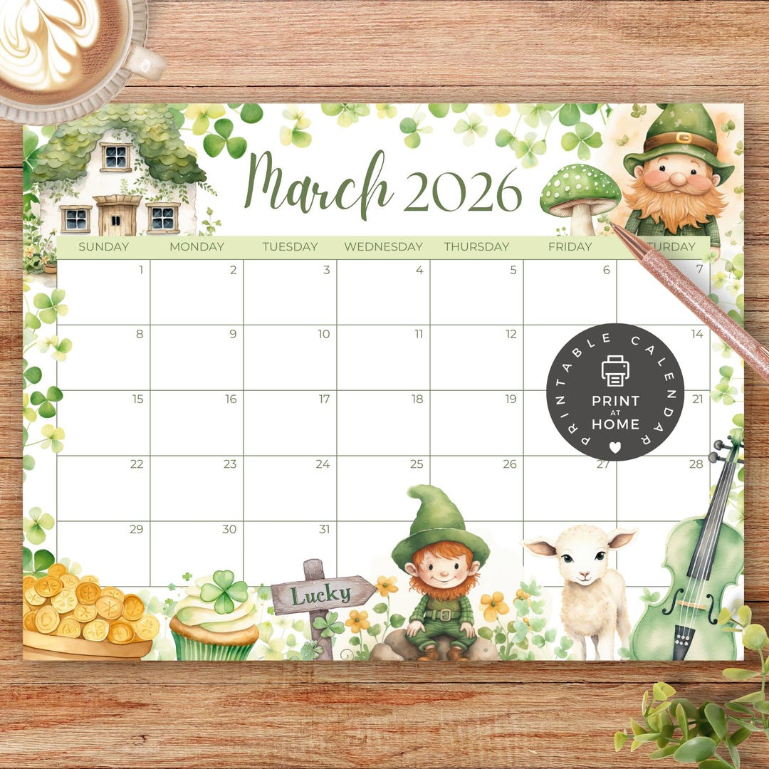 PRINTABLE Monthly Calendar, March 2026 PDF Instant Download, St ...