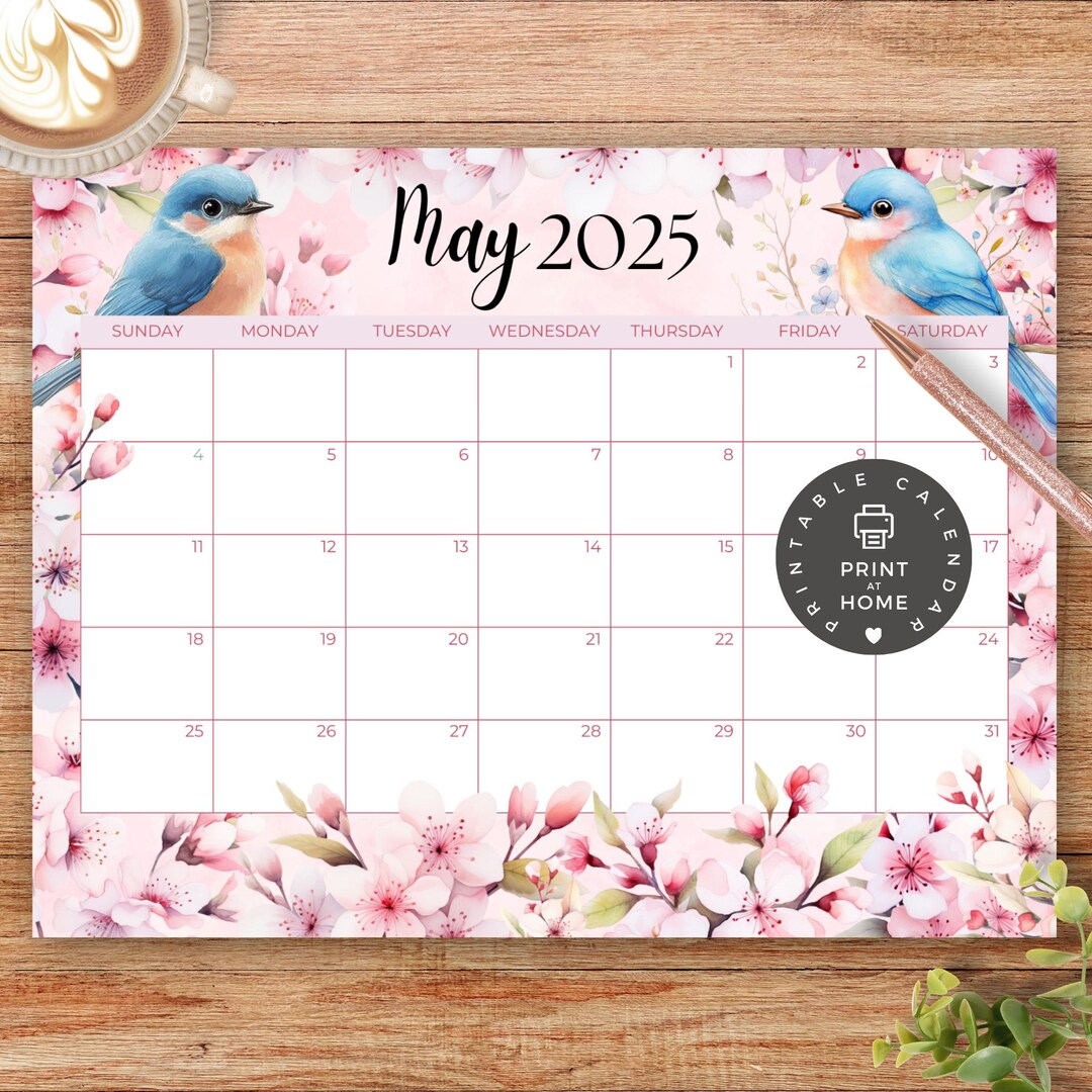 PRINTABLE Monthly Calendar, May 2025 PDF Download, Spring Birds, Sakura ...