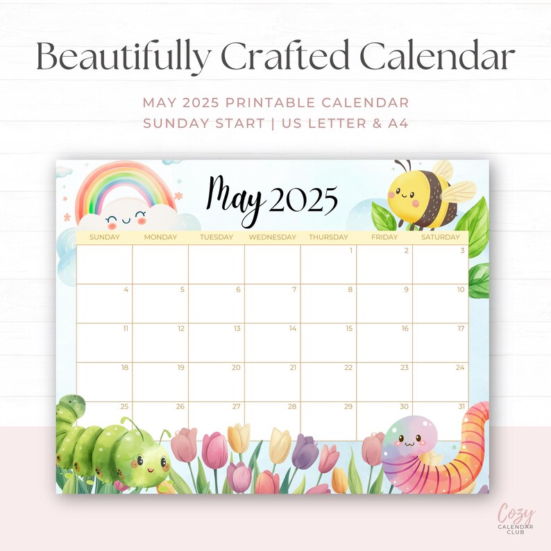 PRINTABLE Monthly Calendar, May 2025 PDF Download, Spring, Cute Insects ...