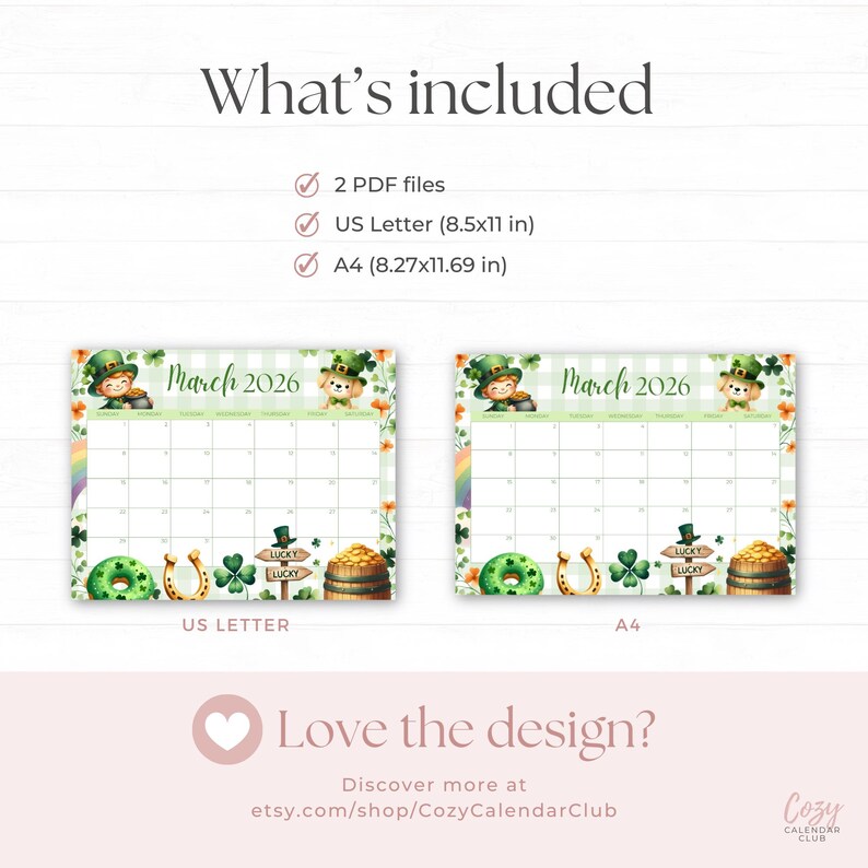 PRINTABLE Monthly Calendar, March 2026 PDF Instant Download, St ...
