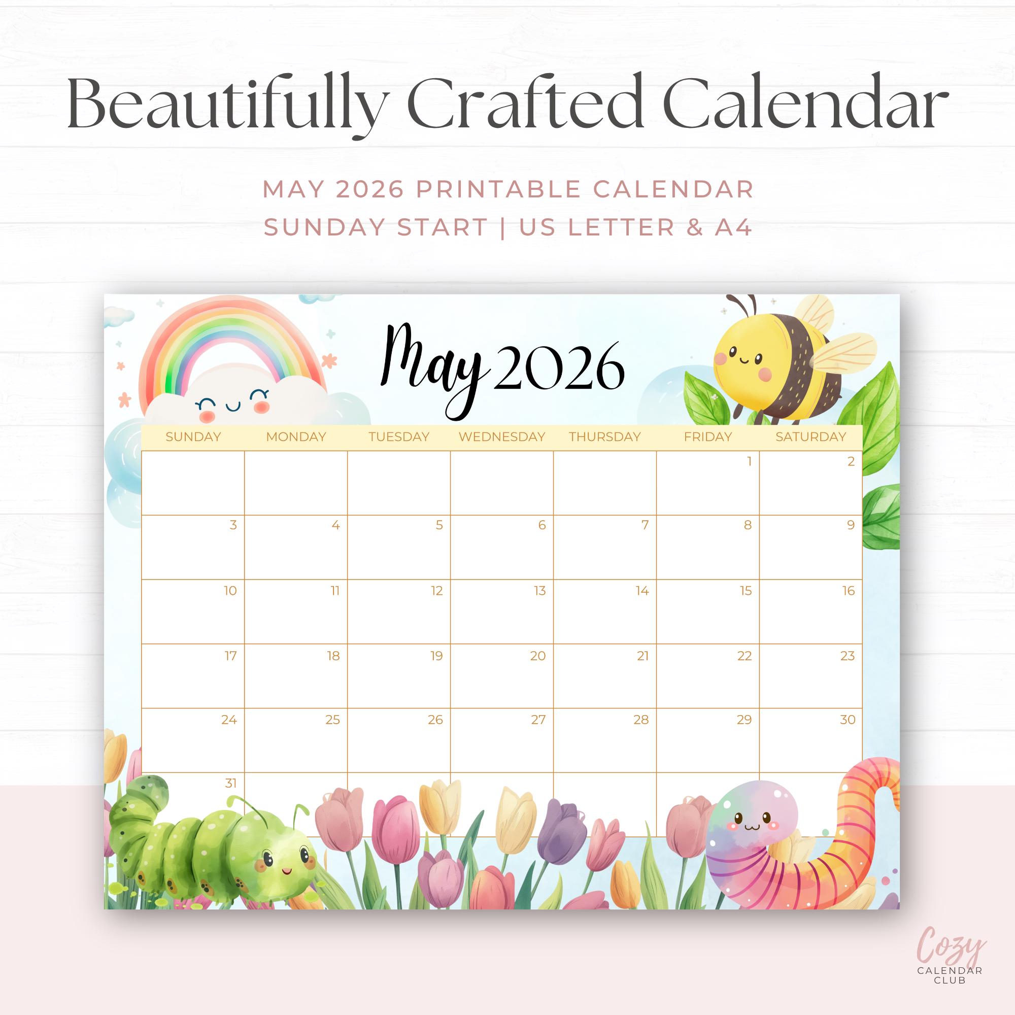 PRINTABLE Monthly Calendar, May 2026 PDF Download, Spring, Cute Insects ...