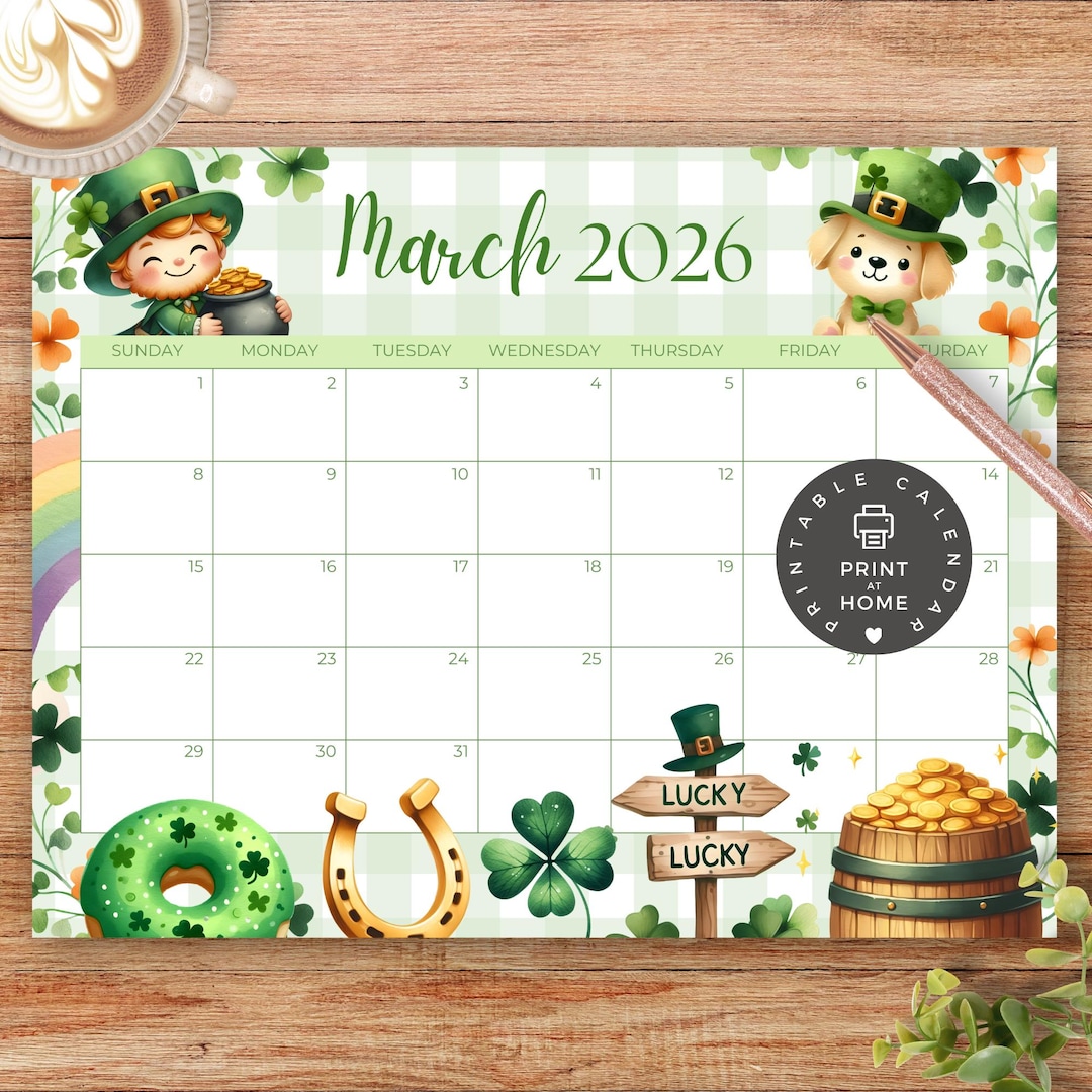 PRINTABLE Monthly Calendar, March 2026 PDF Instant Download, St ...