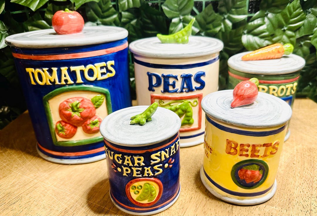 Ceramic Canister Set Vegetable Cans Hand Painted Canned Veggies Set of ...