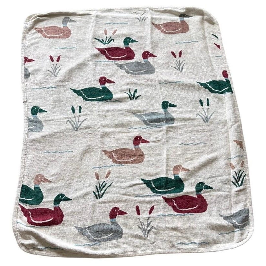 VTG Mallard Duck Print Blanket Tapastry Throw 4' X 5' Mid Century Boho ...