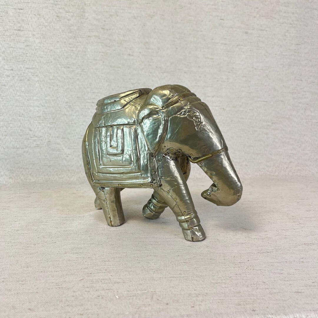Hand Carved Wood Elephant | Embossed Tin Metal Wrapped Figurine ...
