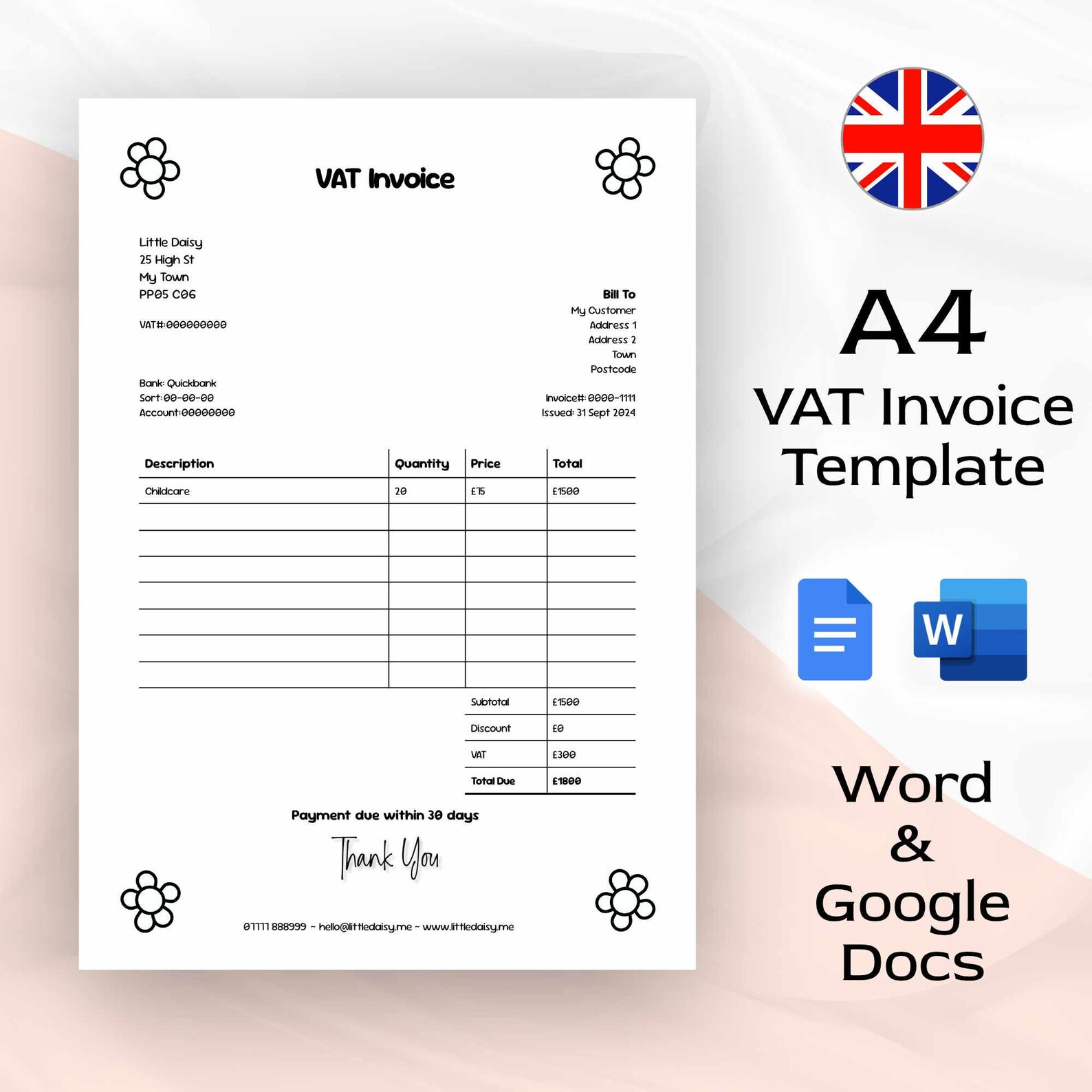 A4 Paper UK VAT Invoice Template - Google Docs - Microsoft Word ...
