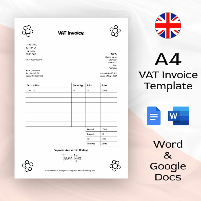 A4 Paper UK VAT Invoice Template - Google Docs - Microsoft Word ...