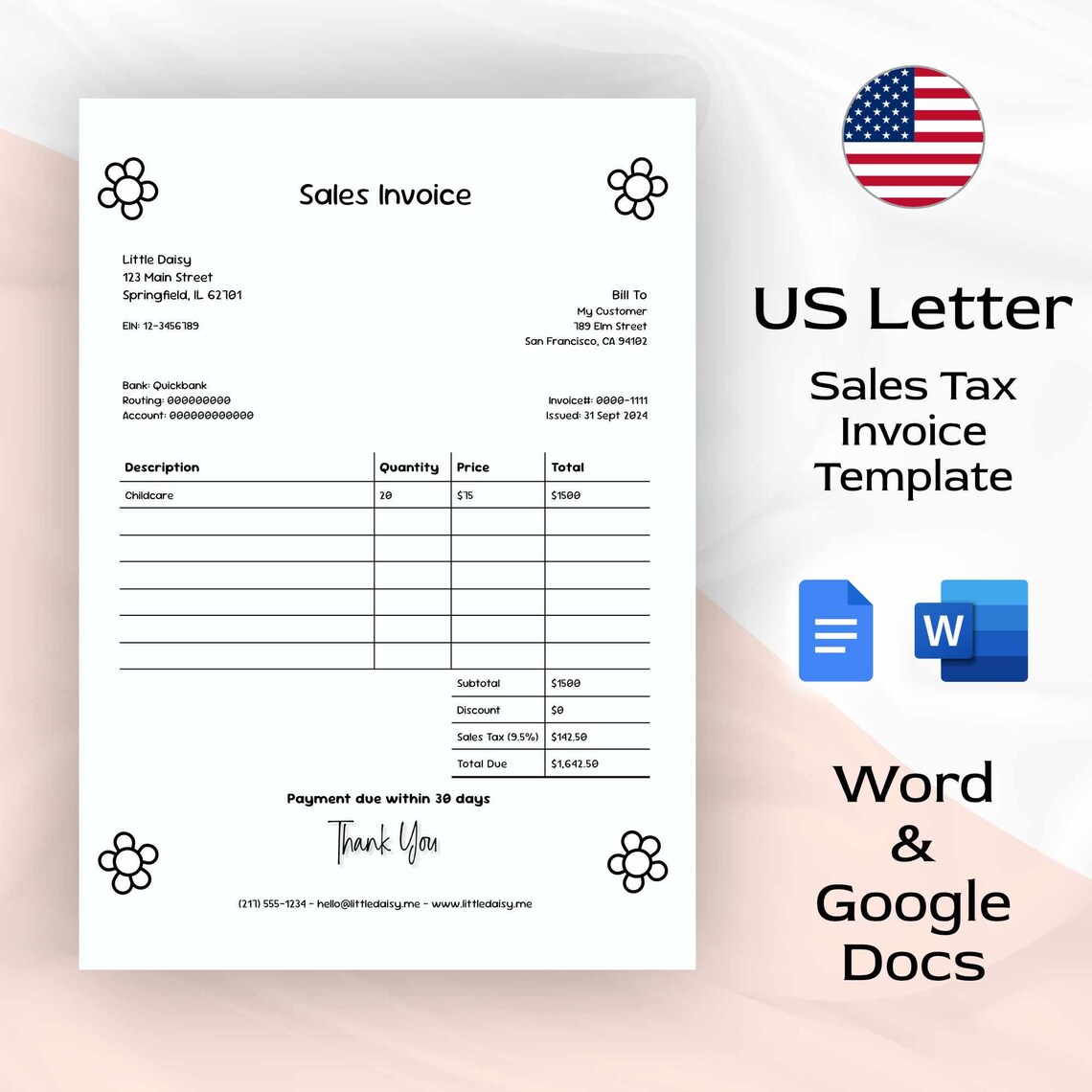 Letter Paper US Sales Tax Invoice Template - Google Docs - Microsoft ...