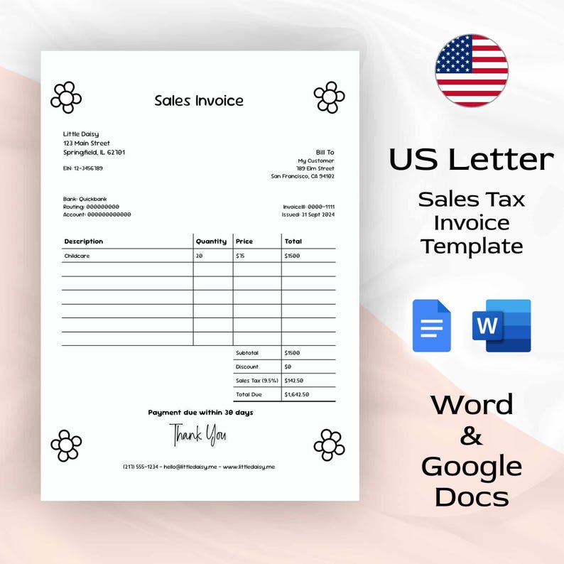 Letter Paper US Sales Tax Invoice Template Google Docs Microsoft Word ...